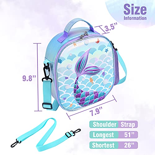 WERNNSAI Mermaid Lunch Bag - 3D Insulated Lunch Box for Girls School Picnic Shopping Lunch Shiny Crossbody Waterproof Reusable Lunch Thermal Tote Handbag with Detachable Strap