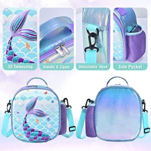 WERNNSAI Mermaid Lunch Bag - 3D Insulated Lunch Box for Girls School Picnic Shopping Lunch Shiny Crossbody Waterproof Reusable Lunch Thermal Tote Handbag with Detachable Strap