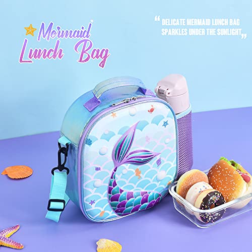 WERNNSAI Mermaid Lunch Bag - 3D Insulated Lunch Box for Girls School Picnic Shopping Lunch Shiny Crossbody Waterproof Reusable Lunch Thermal Tote Handbag with Detachable Strap