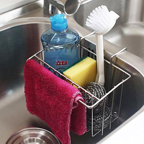 TuuTyss Stainless Steel Large Capacity Hanging Sink Caddy Organizer Sponge Holder Rack for Kitchen with Dish Cloth Rod