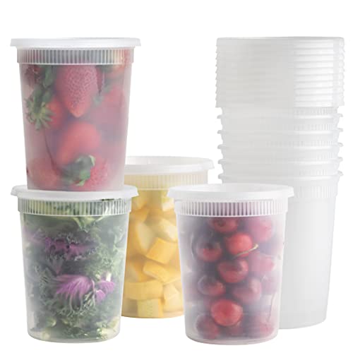 [24 Sets] 32 oz. Plastic Deli Food Storage Containers with Airtight Leak Proof Lids - Reusable - Microwave, Fridge, and Freezer Safe