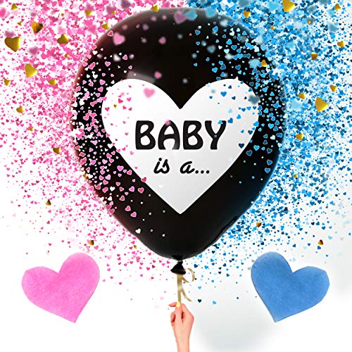 Sweet Baby Co. Jumbo 36 Inch Baby Gender Reveal Balloon | Big Black Balloons with Pink and Blue Heart Shape Confetti Packs for Boy or Girl | Baby Shower Gender Reveal Party Supplies Decoration Kit