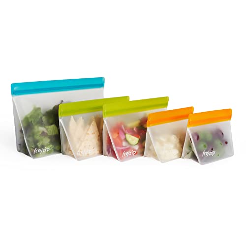 rezip 5-Piece Stand-Up Reusable BPA-Free Food Grade Storage Bag Pack n' Go Kit, Leakproof, Freezer Safe, Dishwasher Safe, Travel Friendly, (1) Quart (4-Cup/32-Ounce), (2) 2-Cup (16-Ounce), (2) Snack (1-Cup/8-Ounce), (Multicolor)