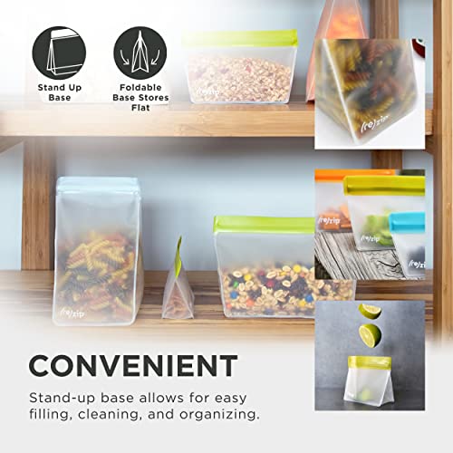 rezip 5-Piece Stand-Up Reusable BPA-Free Food Grade Storage Bag Pack n' Go Kit, Leakproof, Freezer Safe, Dishwasher Safe, Travel Friendly, (1) Quart (4-Cup/32-Ounce), (2) 2-Cup (16-Ounce), (2) Snack (1-Cup/8-Ounce), (Multicolor)