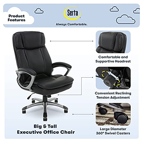 Serta Big & Tall Executive Office Chair High Back All Day Comfort Ergonomic Lumbar Support, Bonded Leather, Black