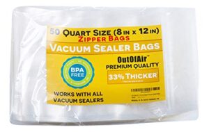 50 zipper vacuum sealer bags: quart size (8″ x 12″) – outofair vacuum seal zip bags, works with foodsaver & other savers, 33% thicker bpa free commercial grade great for snacks on the go