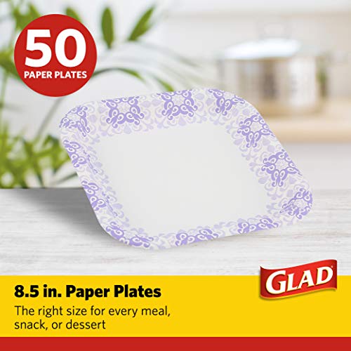 Glad Square Disposable Paper Plates for All Occasions | Soak Proof, Cut Proof, Microwaveable Heavy Duty Disposable Plates | 8.5" Diameter, 50 Count Bulk Paper Plates