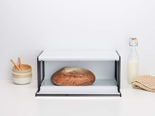 Brabantia Rectangular Fall Front Bread Box (White) Large Front Opening Flat Top Bread Store for Kitchen Counter, Fits 2 Loaves