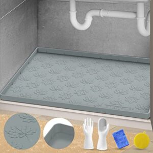 lpyfrg under sink mats for kitchen waterproof, 34″ x 22″ under sink liner, under sink tray with clean brush, kitchen and bathroom cabinet flexible silicone sink mat for drips leaks spills (grey)