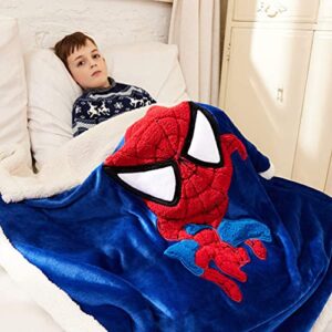 COSUSKET Marvel Kids Spiderman Throw Blanket, Signed Jointly 3D Cartoon Embroidery Sherpa Blanket Boys Gifts