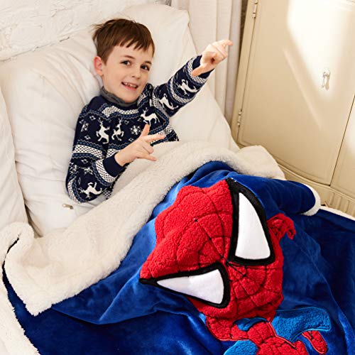 COSUSKET Marvel Kids Spiderman Throw Blanket, Signed Jointly 3D Cartoon Embroidery Sherpa Blanket Boys Gifts