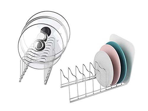 2 Pack HS Ideas Pot Lid Organizer, Kitchen Plate Rack Holder Rest,Pan and Pot Lid Holder for Cutting Boards, Bakeware, Cooling Rack, Serving Trays,Pantry and Cabinet Holder - Silver Finish…