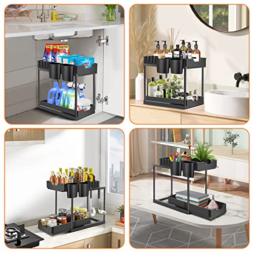 VTVTKK Double Sliding Cabinet Organizer Drawer, Under Sink Organizers and Storage, 2 Tier Under Sink Organizer with 4 Hooks, 2 Hanging Cups, Bathroom Cabinet Organizer for Kitchen Bathroom Cabinet