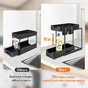 VTVTKK Double Sliding Cabinet Organizer Drawer, Under Sink Organizers and Storage, 2 Tier Under Sink Organizer with 4 Hooks, 2 Hanging Cups, Bathroom Cabinet Organizer for Kitchen Bathroom Cabinet