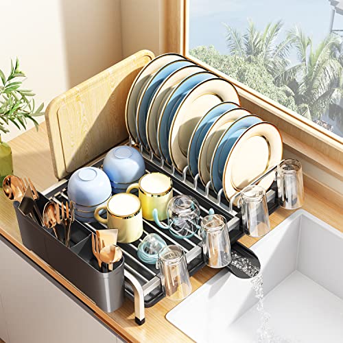 Aluminum Dish Drying Rack, Large Dish Rack and Drainboard Set, Utensil Holder, Multifunctional Anti-rust Dish Drainers for Kitchen Counter with Cup and Cutting Board Holder for Various Kitchenware