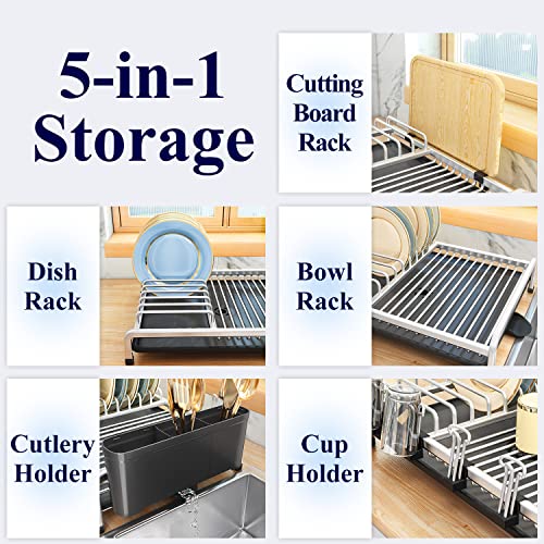 Aluminum Dish Drying Rack, Large Dish Rack and Drainboard Set, Utensil Holder, Multifunctional Anti-rust Dish Drainers for Kitchen Counter with Cup and Cutting Board Holder for Various Kitchenware