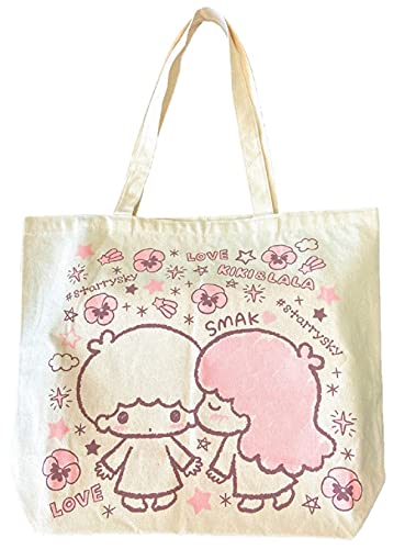 EITAI T029 Sanrio Little Twin Stars Cute Tote Bag, Shopping Bag, Kitchen Reusable Grocery Bag, 13.3 in(H) x 11.8 in(L) x 5.5 in(W), White, Pink, One Size