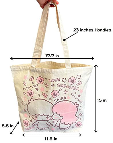 EITAI T029 Sanrio Little Twin Stars Cute Tote Bag, Shopping Bag, Kitchen Reusable Grocery Bag, 13.3 in(H) x 11.8 in(L) x 5.5 in(W), White, Pink, One Size