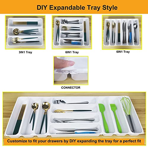 TUNGTAR custom silverware drawer tray small drawer organizer for utensils holder 7.5 inches cutlery tray, DIY organizer for silverware, flatware, knives in Kitchen, Bedroom white 3in1 (White, Small)