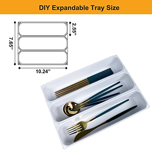 TUNGTAR custom silverware drawer tray small drawer organizer for utensils holder 7.5 inches cutlery tray, DIY organizer for silverware, flatware, knives in Kitchen, Bedroom white 3in1 (White, Small)