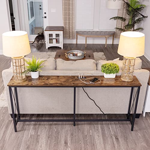 SUPERJARE 70.9 Inch Console Table with 2 Outlet and 2 USB Ports, Extra Long Entryway Table with Metal Frame and X-Shaped Design, Narrow Sofa Table for Living Room and Hallway - Vintage Brown