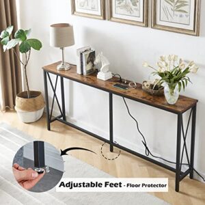 SUPERJARE 70.9 Inch Console Table with 2 Outlet and 2 USB Ports, Extra Long Entryway Table with Metal Frame and X-Shaped Design, Narrow Sofa Table for Living Room and Hallway - Vintage Brown