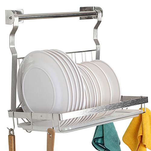 TQVAI Stainless Steel Hanging Dish Drainer Folding Dish Drying Rack with Rod, Drainboard and Hanging S Hooks - Silver