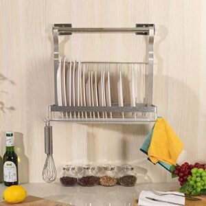 TQVAI Stainless Steel Hanging Dish Drainer Folding Dish Drying Rack with Rod, Drainboard and Hanging S Hooks - Silver