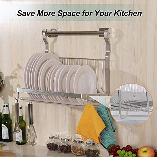 TQVAI Stainless Steel Hanging Dish Drainer Folding Dish Drying Rack with Rod, Drainboard and Hanging S Hooks - Silver