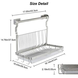 TQVAI Stainless Steel Hanging Dish Drainer Folding Dish Drying Rack with Rod, Drainboard and Hanging S Hooks - Silver