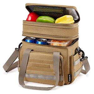 double layer insulated lunch bag for adults, expandable tactical lunch bag leakproof 26-can large lunch cooler bag with adjustable shoulder strap adults durable lunch pail for work picnic hiking brown