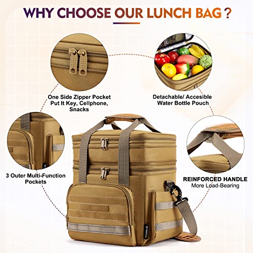 Double Layer Insulated Lunch Bag for Adults, Expandable Tactical Lunch Bag Leakproof 26-Can Large Lunch Cooler Bag with Adjustable Shoulder Strap Adults Durable Lunch Pail for Work Picnic Hiking Brown