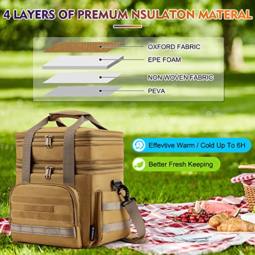 Double Layer Insulated Lunch Bag for Adults, Expandable Tactical Lunch Bag Leakproof 26-Can Large Lunch Cooler Bag with Adjustable Shoulder Strap Adults Durable Lunch Pail for Work Picnic Hiking Brown