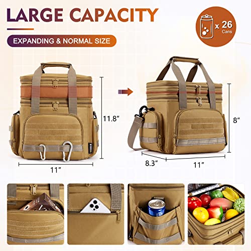 Double Layer Insulated Lunch Bag for Adults, Expandable Tactical Lunch Bag Leakproof 26-Can Large Lunch Cooler Bag with Adjustable Shoulder Strap Adults Durable Lunch Pail for Work Picnic Hiking Brown