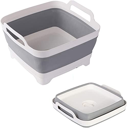 Dish Basin Collapsible with Drain Plug Carry Handles, Foldable Sink Tub, Dish Wash Basin, Portable Dish Tub, Collapsible Dishpan for Camping Dish Washing Tub and RV Sink (9.3L Capacity) (Grey)