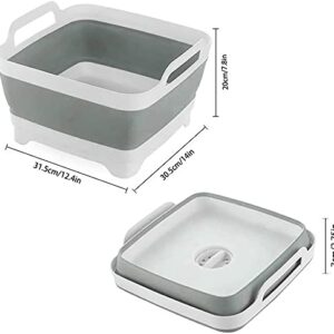 Dish Basin Collapsible with Drain Plug Carry Handles, Foldable Sink Tub, Dish Wash Basin, Portable Dish Tub, Collapsible Dishpan for Camping Dish Washing Tub and RV Sink (9.3L Capacity) (Grey)