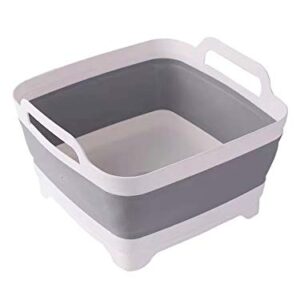 Dish Basin Collapsible with Drain Plug Carry Handles, Foldable Sink Tub, Dish Wash Basin, Portable Dish Tub, Collapsible Dishpan for Camping Dish Washing Tub and RV Sink (9.3L Capacity) (Grey)