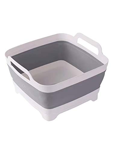 Dish Basin Collapsible with Drain Plug Carry Handles, Foldable Sink Tub, Dish Wash Basin, Portable Dish Tub, Collapsible Dishpan for Camping Dish Washing Tub and RV Sink (9.3L Capacity) (Grey)