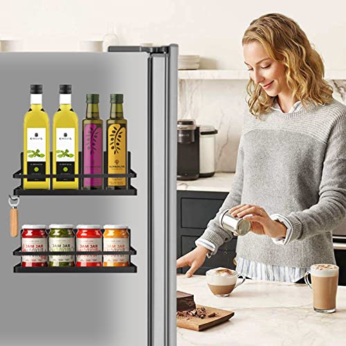 Dr.BeTree Magnetic Spice Rack, Strong Magnetic Shelf Spice Organizer Spice Rack Seasoning Organizer For Kitchen Organizer Magnetic Spice Rack For Refrigerator With 4 Hooks (Black, 2 Pack )