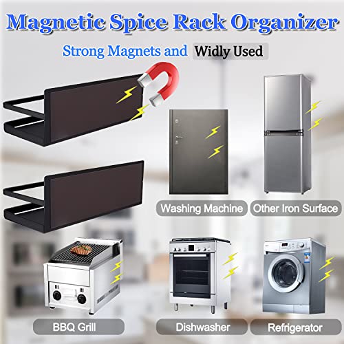 Dr.BeTree Magnetic Spice Rack, Strong Magnetic Shelf Spice Organizer Spice Rack Seasoning Organizer For Kitchen Organizer Magnetic Spice Rack For Refrigerator With 4 Hooks (Black, 2 Pack )