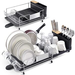 toolf dish drying rack, expandable stainless steel dish rack with drainboard set kitchen sink organizer for counter, large capacity kitchen accessories with 360° swivel spout