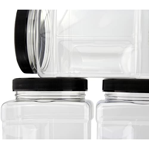 32oz Square Plastic Jars (4-Pack, Quart); Clear Rectangular 4-Cup Canisters w/Black Lids, Easy-Grip Side