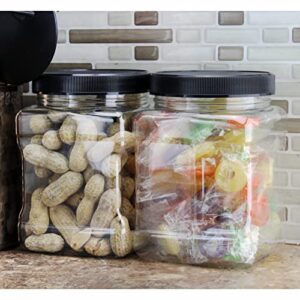 32oz Square Plastic Jars (4-Pack, Quart); Clear Rectangular 4-Cup Canisters w/Black Lids, Easy-Grip Side