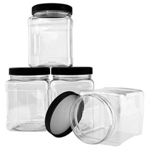 32oz Square Plastic Jars (4-Pack, Quart); Clear Rectangular 4-Cup Canisters w/Black Lids, Easy-Grip Side