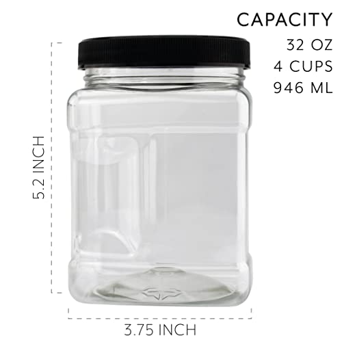 32oz Square Plastic Jars (4-Pack, Quart); Clear Rectangular 4-Cup Canisters w/Black Lids, Easy-Grip Side