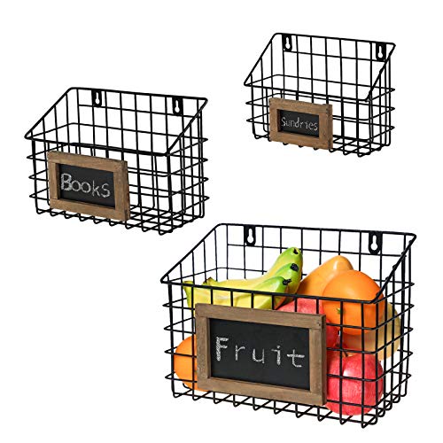 Matt Black Metal Wire Wall Hanging Storage Baskets with Chalkboard Labels, Set of 3, 3 Different Size Hanging Wire Baskets, Black Metal Baskets for Wall