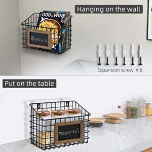 Matt Black Metal Wire Wall Hanging Storage Baskets with Chalkboard Labels, Set of 3, 3 Different Size Hanging Wire Baskets, Black Metal Baskets for Wall