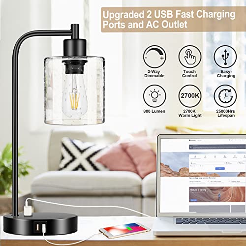 Industrial Touch Control Table Lamps Set of 2 - Black Bedside Lamps with 2 USB Ports and AC Outlet, 3-Way Dimmable Nightstand Desk Lamp for Bedroom Living Room, Glass Shade & 2 LED Bulbs Included