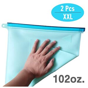 Silicone Food Storage Bag 102oz. XXL [Set of 2] Reusable Freezer Bags - Zero Waste Food and Container Lids Reusable Silicone Containers with Lid, Sous Vide, Extra Large Bags