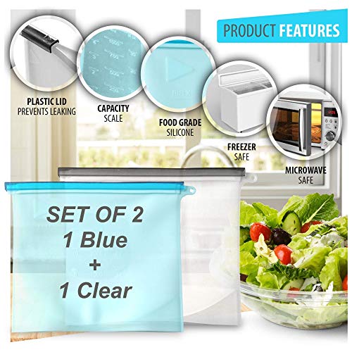 Silicone Food Storage Bag 102oz. XXL [Set of 2] Reusable Freezer Bags - Zero Waste Food and Container Lids Reusable Silicone Containers with Lid, Sous Vide, Extra Large Bags